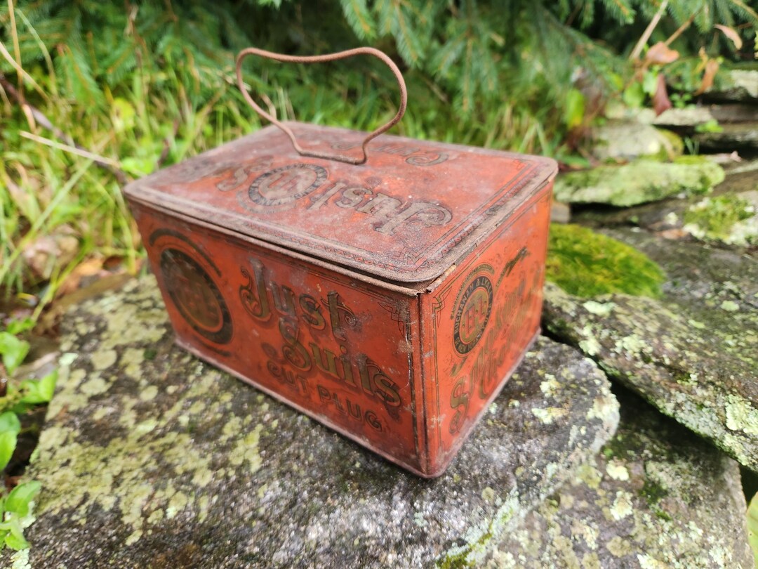 Antique Just Suits Cut Plug Tobacco Tin With Hinged Lid and Handle ...