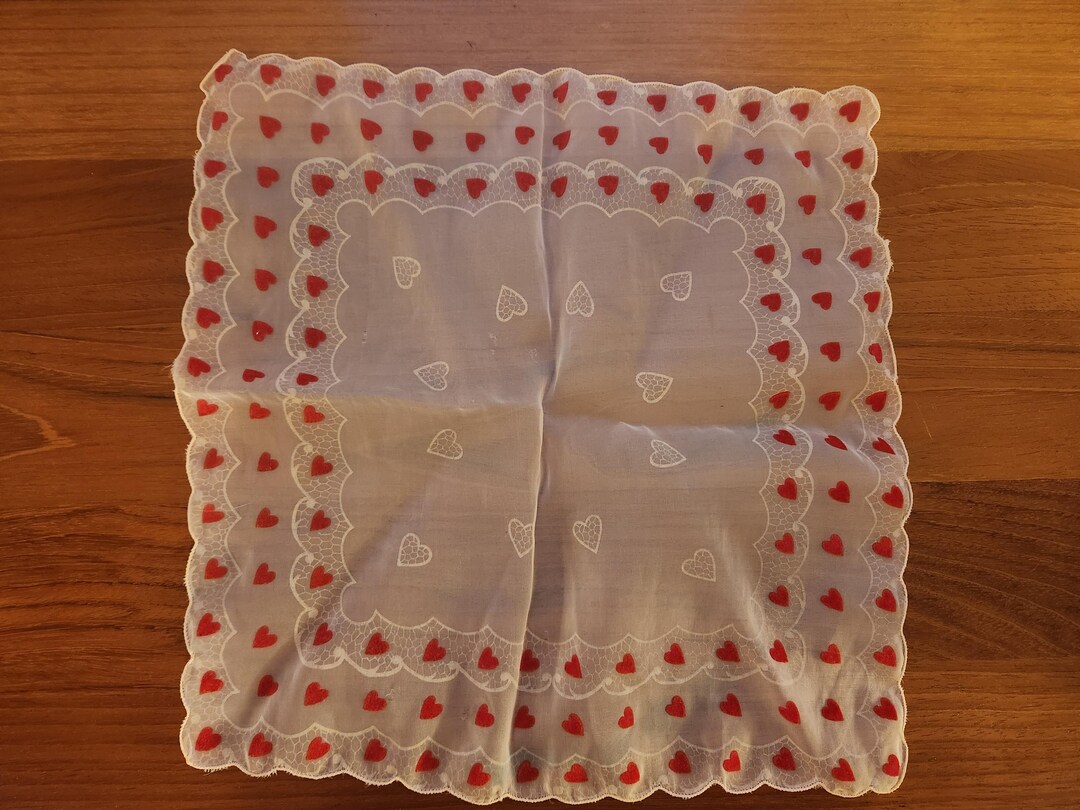 Vintage Sheer White Handkerchief With Red Velvety Flocked Heart Border ...