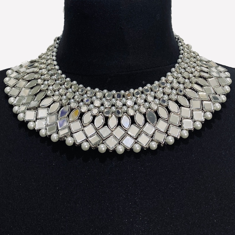 Silver Mirror Pakistani Wedding Jewelry Set: Necklace, Earrings, Tikka ...