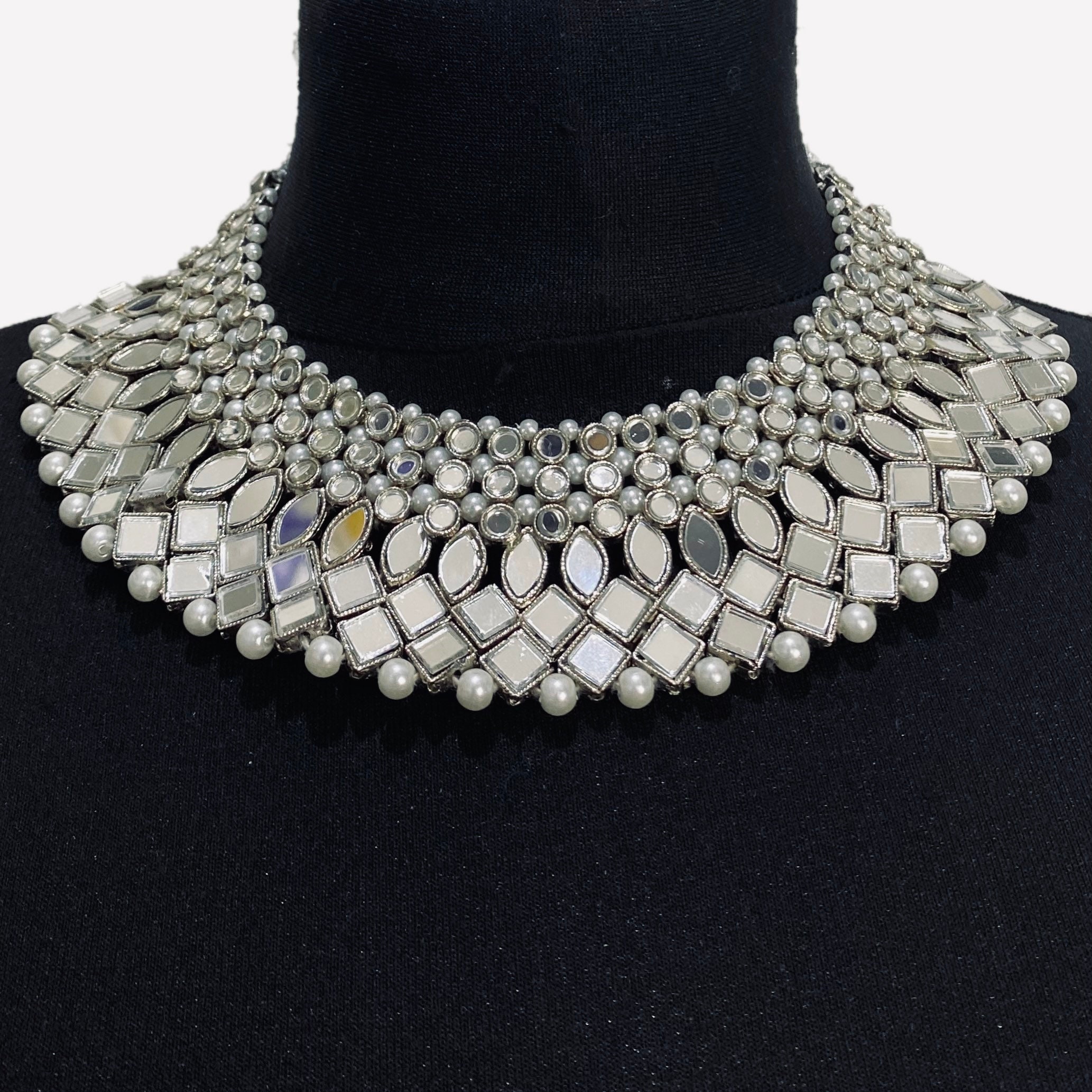 Silver Mirror Pakistani Wedding Jewelry Set: Necklace, Earrings, Tikka ...