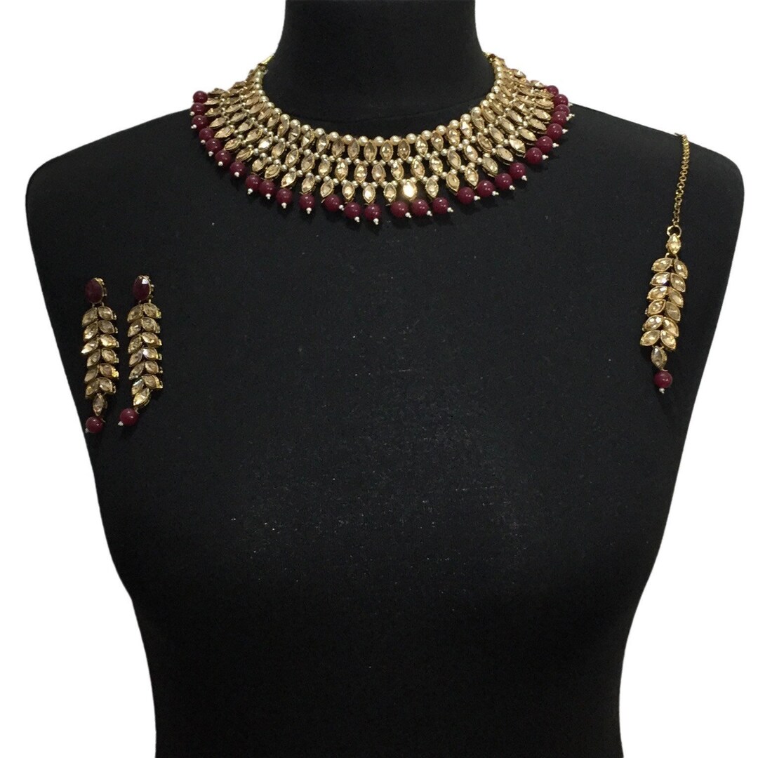Maroon Bridal Jewelry Set: Indian Pakistani Necklace, Earrings, Tikka ...