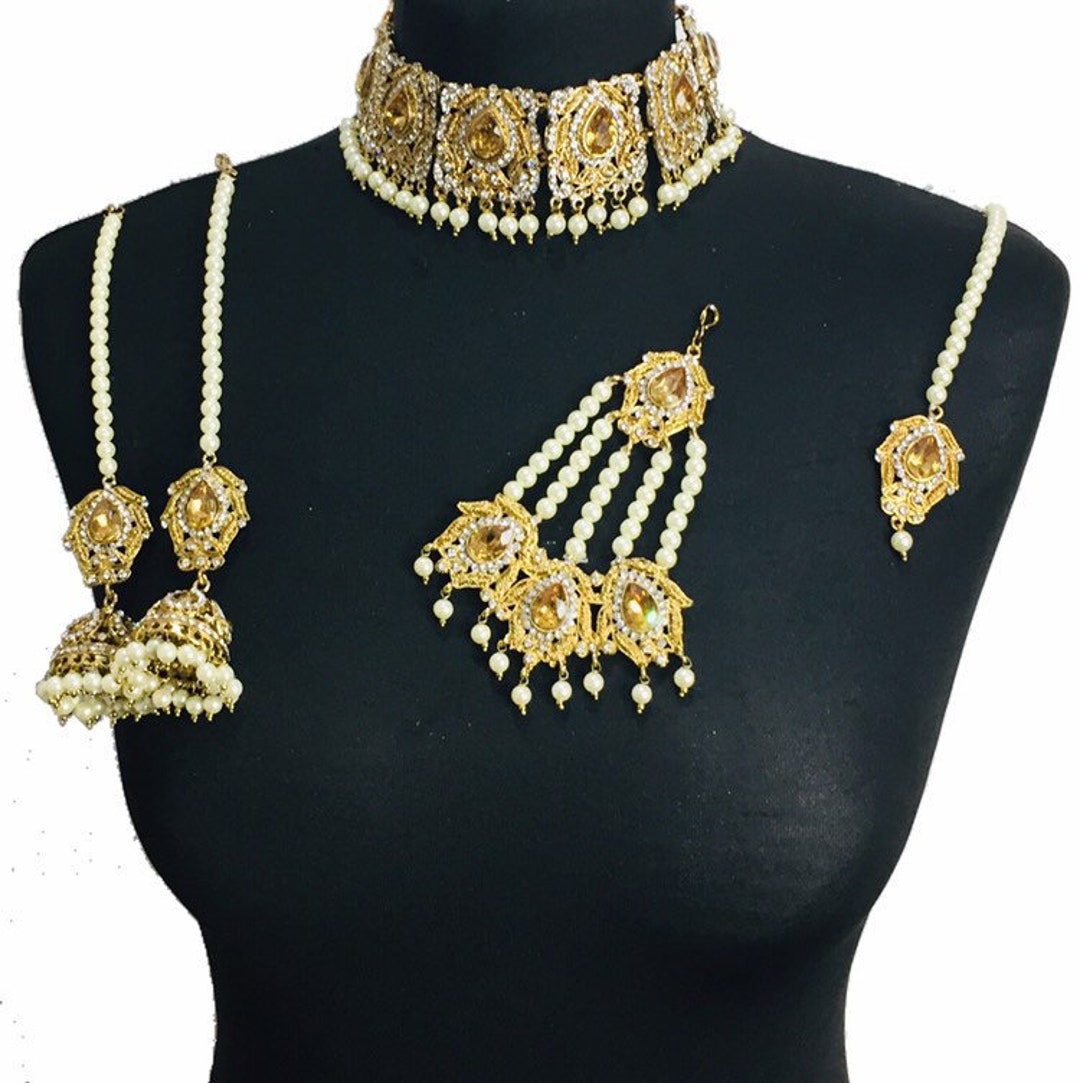 Gold Pakistani Jewellery Set, Champagne Pakistani Jewelry, Pakistani ...
