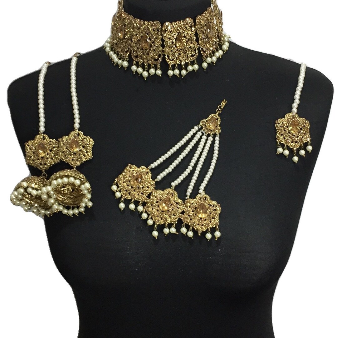 Gold Pakistani Jewellery Set, Champagne Pakistani Jewelry, Pakistani ...