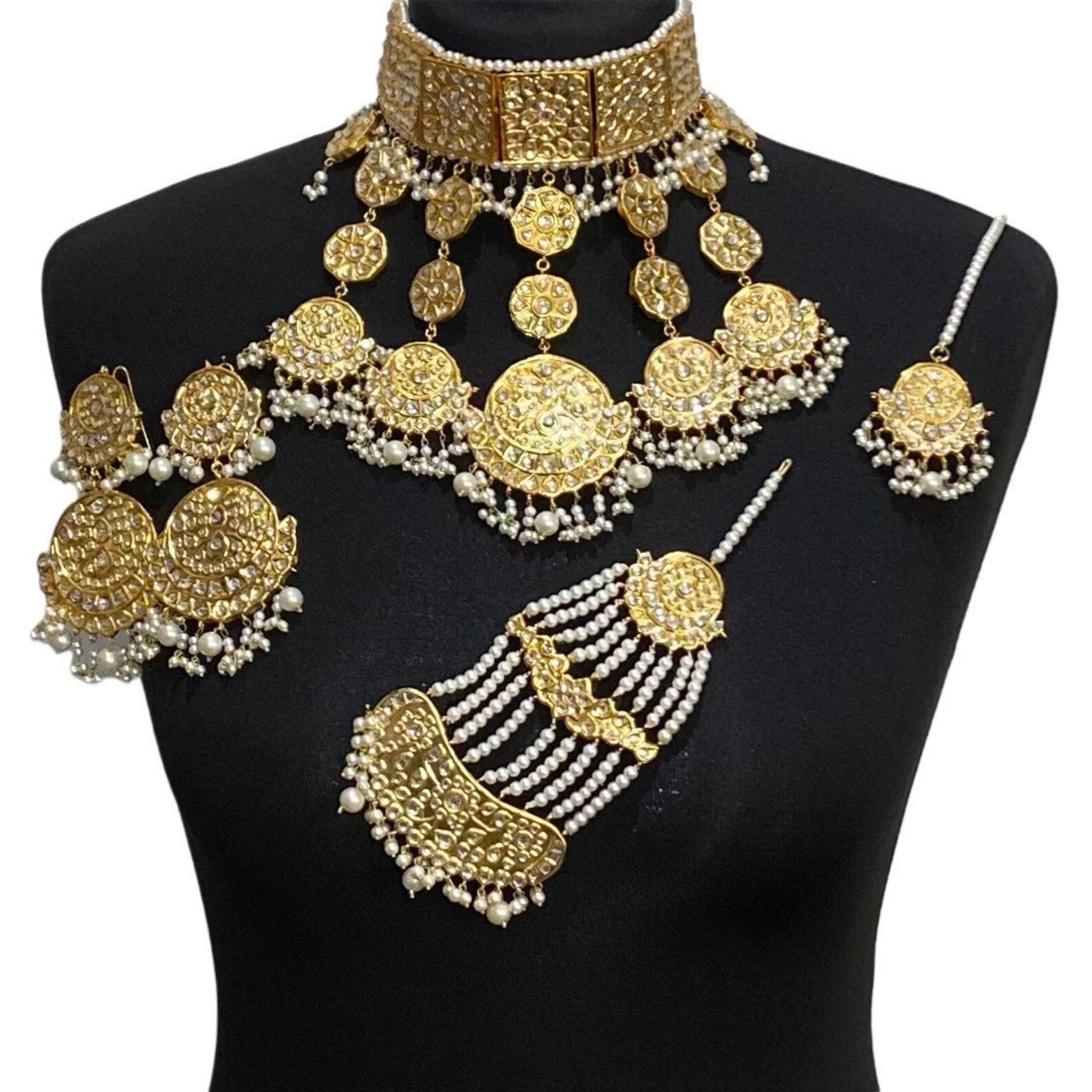 Handmade Pakistani Bridal Jewelry Set: Gold Choker, Jhumar, Tikka ...