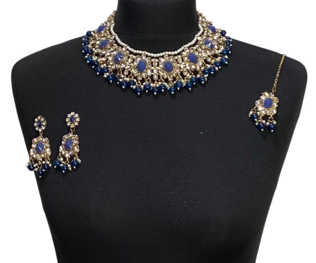 Navy Blue Gold Diamonte Pakistani Jewellery Pakistani Collar Necklace ...