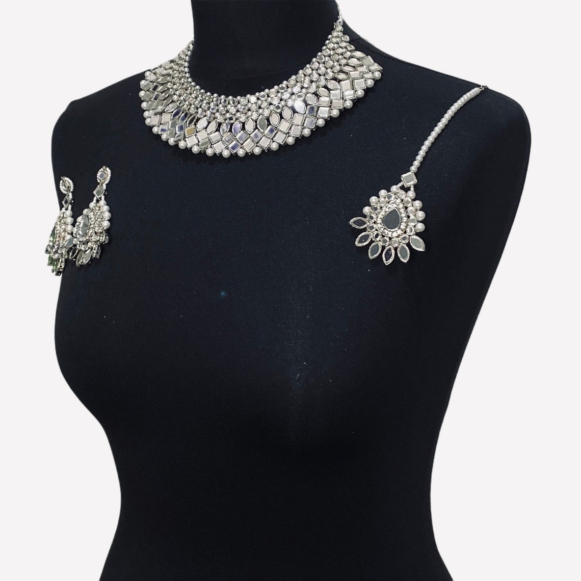 Silver Mirror Pakistani Wedding Jewelry Set: Necklace, Earrings, Tikka ...