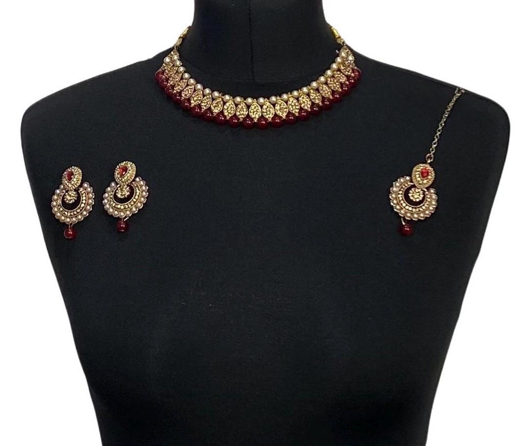 Maroon and Gold Diamonte Pakistani Jewelry Set: Necklace, Chandbali ...