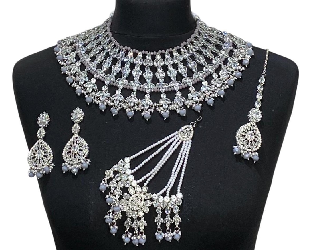 Grey Silver American Diamond Bridal Jewellery Pakistani Jewelry ...