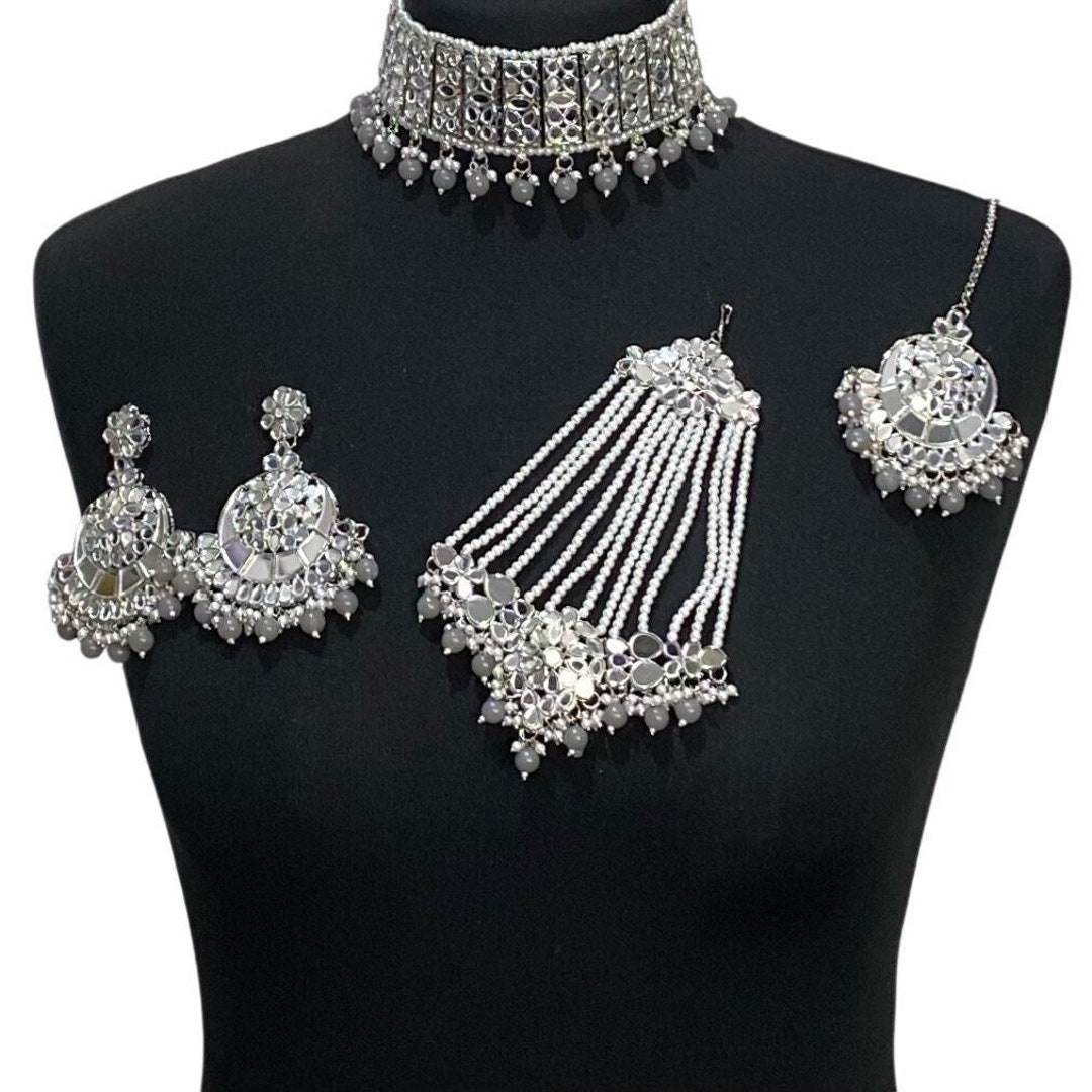 Grey Silver Mirror Pakistan Jewellery Pakistani Choker Pakistan Jewelry ...