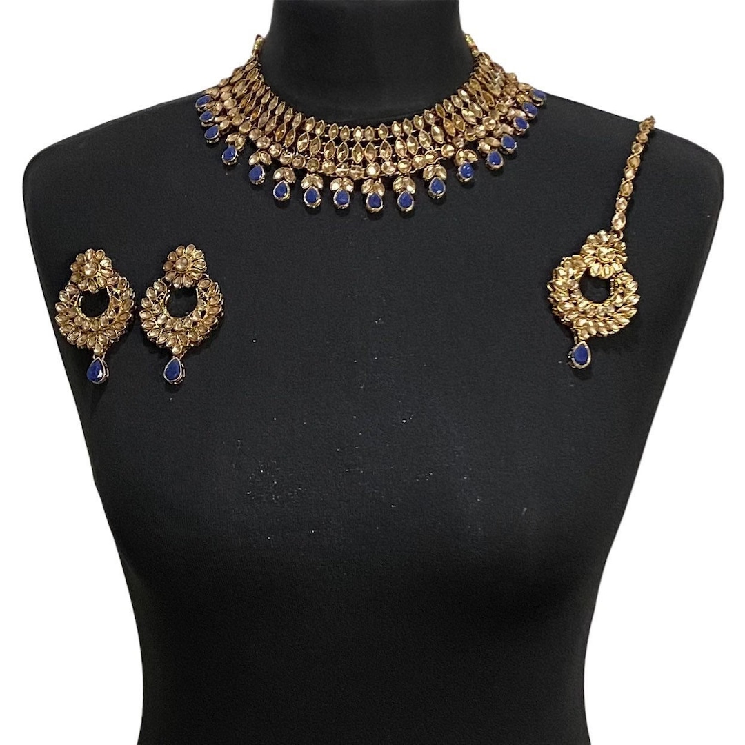 Navy Blue Pakistani Wedding Jewelry Set: Necklace, Earrings, Tikka - Etsy