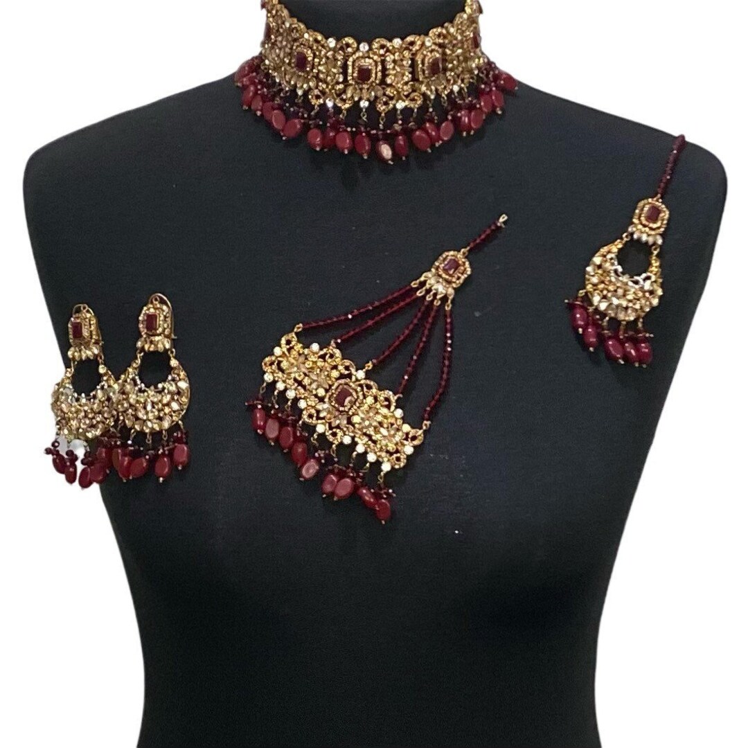 Maroon Bridal Jewelry Set: Indian Pakistani Choker, Earrings, Tikka ...