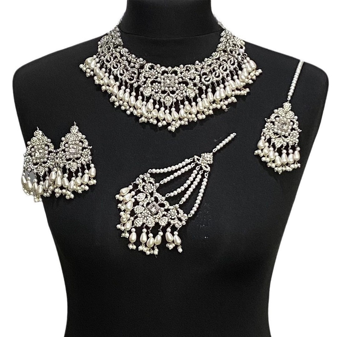 Pakistani Wedding Jewelry Set: Silver Necklace, Earrings, Tikka, Jhumar ...