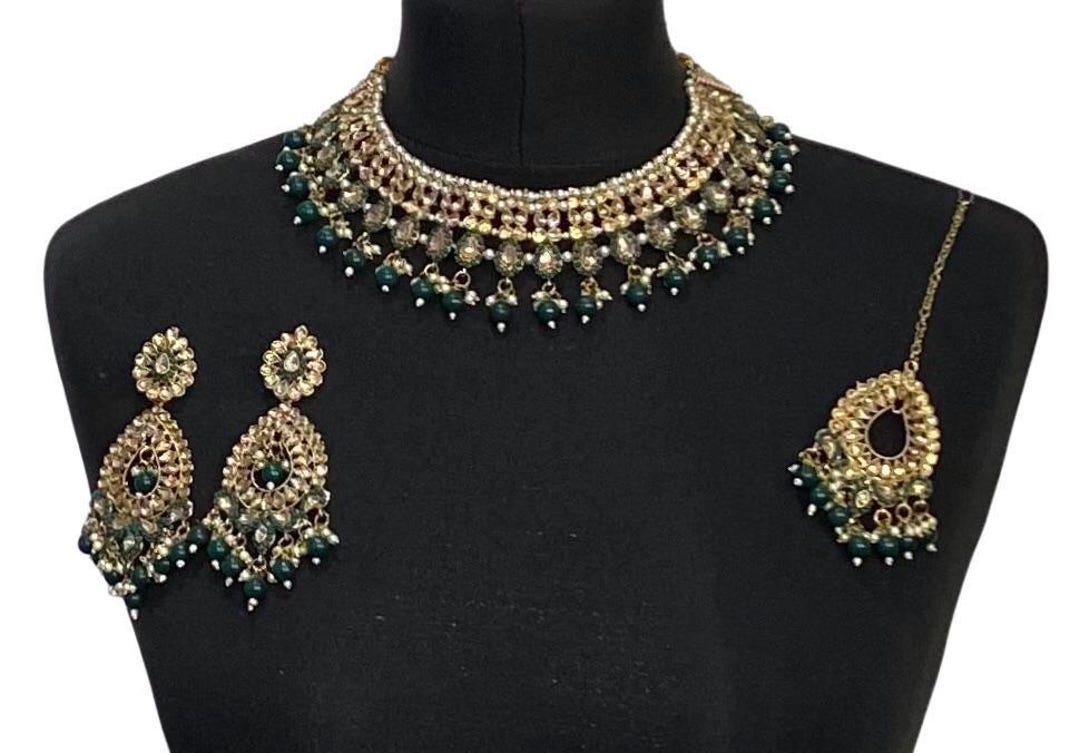 Pakistani Bridal Jewelry Set: Green Gold Necklace Earrings Tikka - Etsy