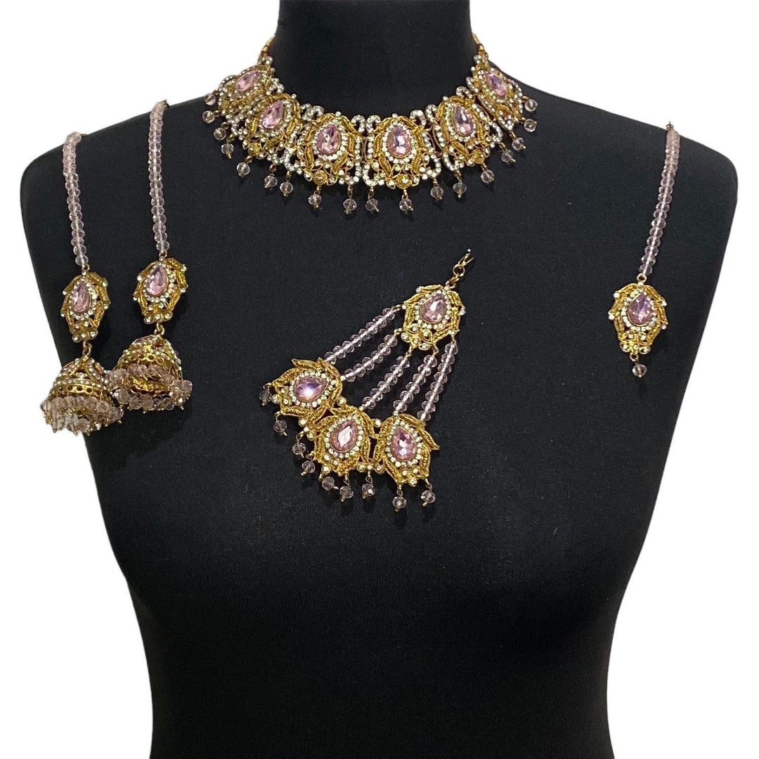 Pakistani Bridal Jewelry Set: Gold Necklace, Earrings, Tikka, Jhumar - Etsy