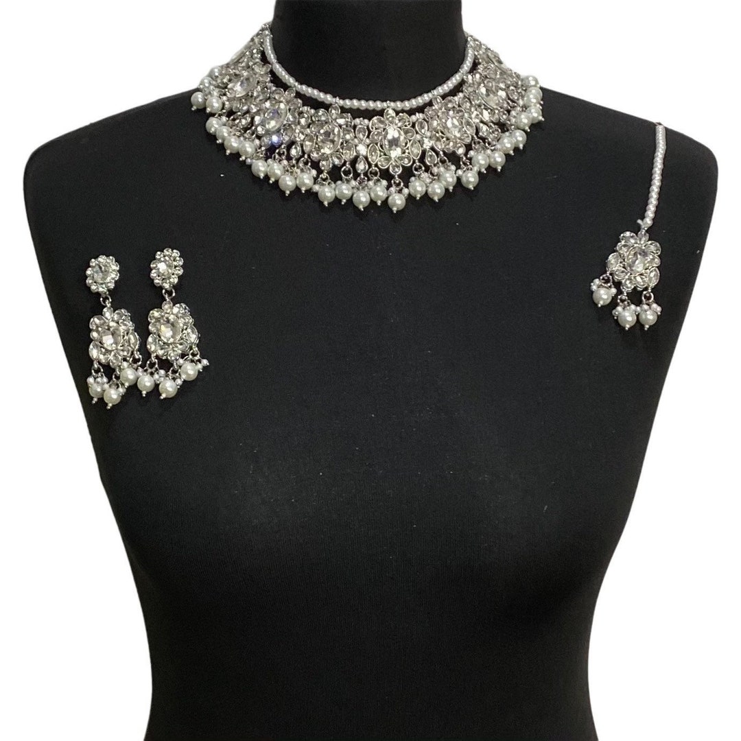 Pakistani Wedding Jewelry Set: Silver Necklace, Earrings, Tikka - Etsy
