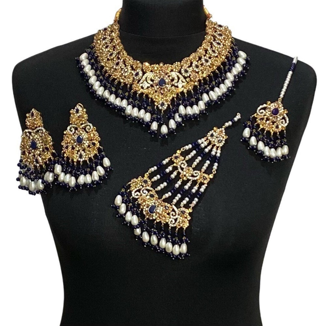 Blue Pakistani Bridal Jewelry Set: Choker, Earrings, Tikka, Jhumar - Etsy