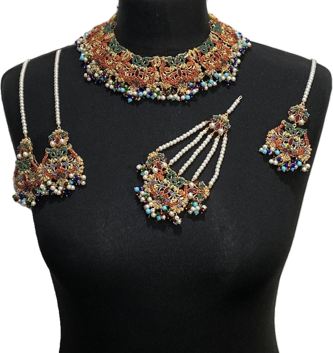 Pakistani Bridal Jewelry Set: Necklace, Earrings, Jhumar, Tikka - Etsy
