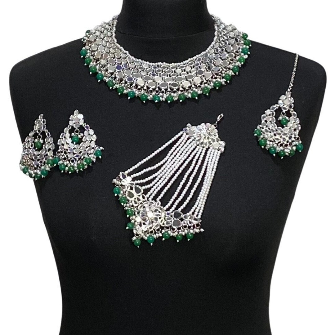 Silver Mirror Pakistani Jewellery Pakistani Emerald Green Jewellery ...