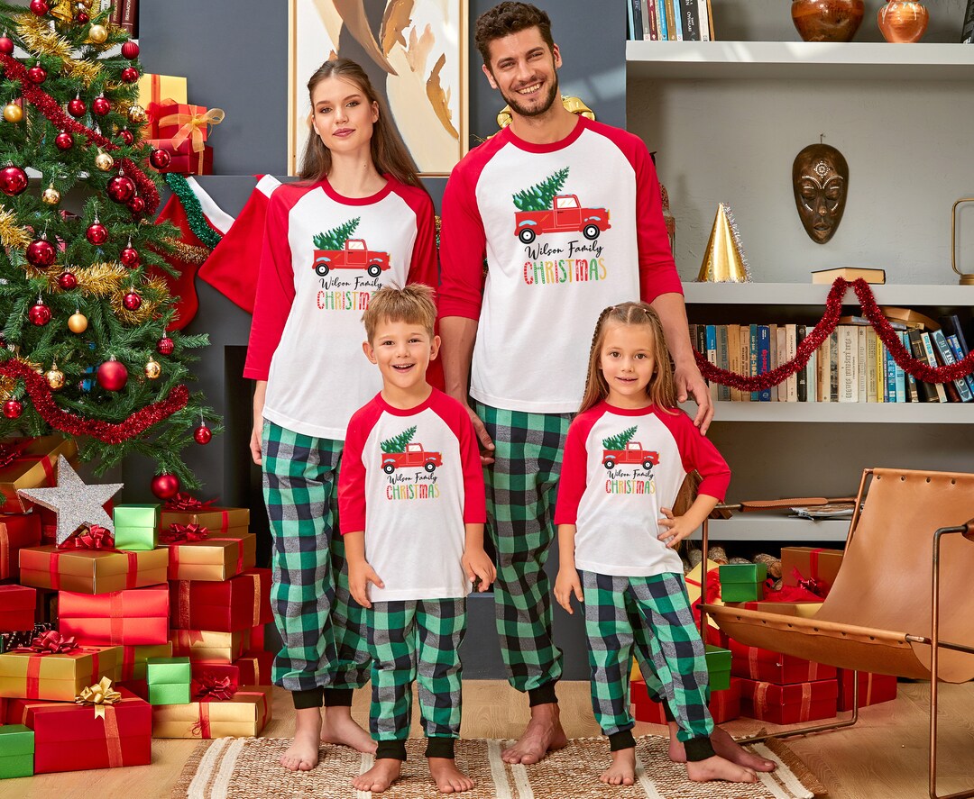 Family Christmas Raglan Shirt, Red Truck Christmas Tree Raglan, Family ...