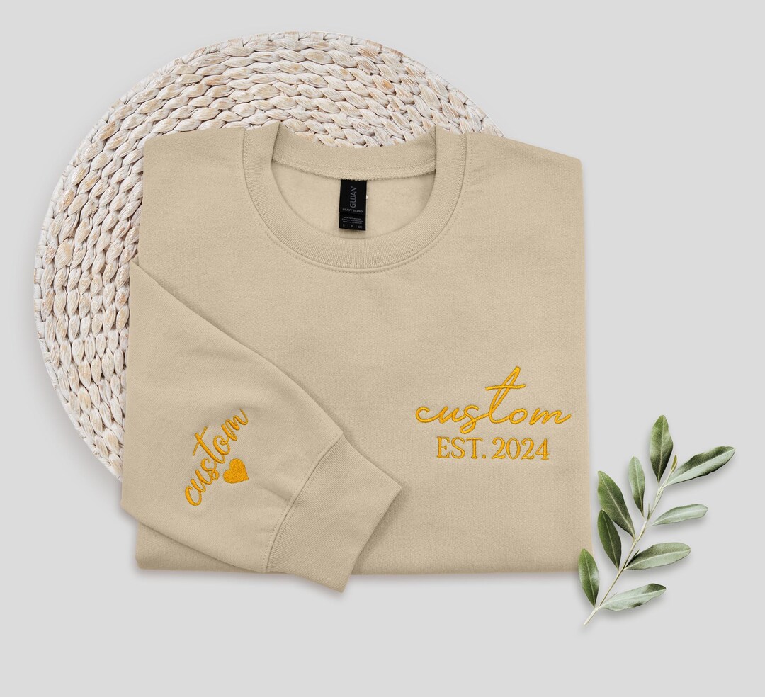 Custom Embroidered Crewneck Sweatshirt, Text on Sleeve, Personalized ...