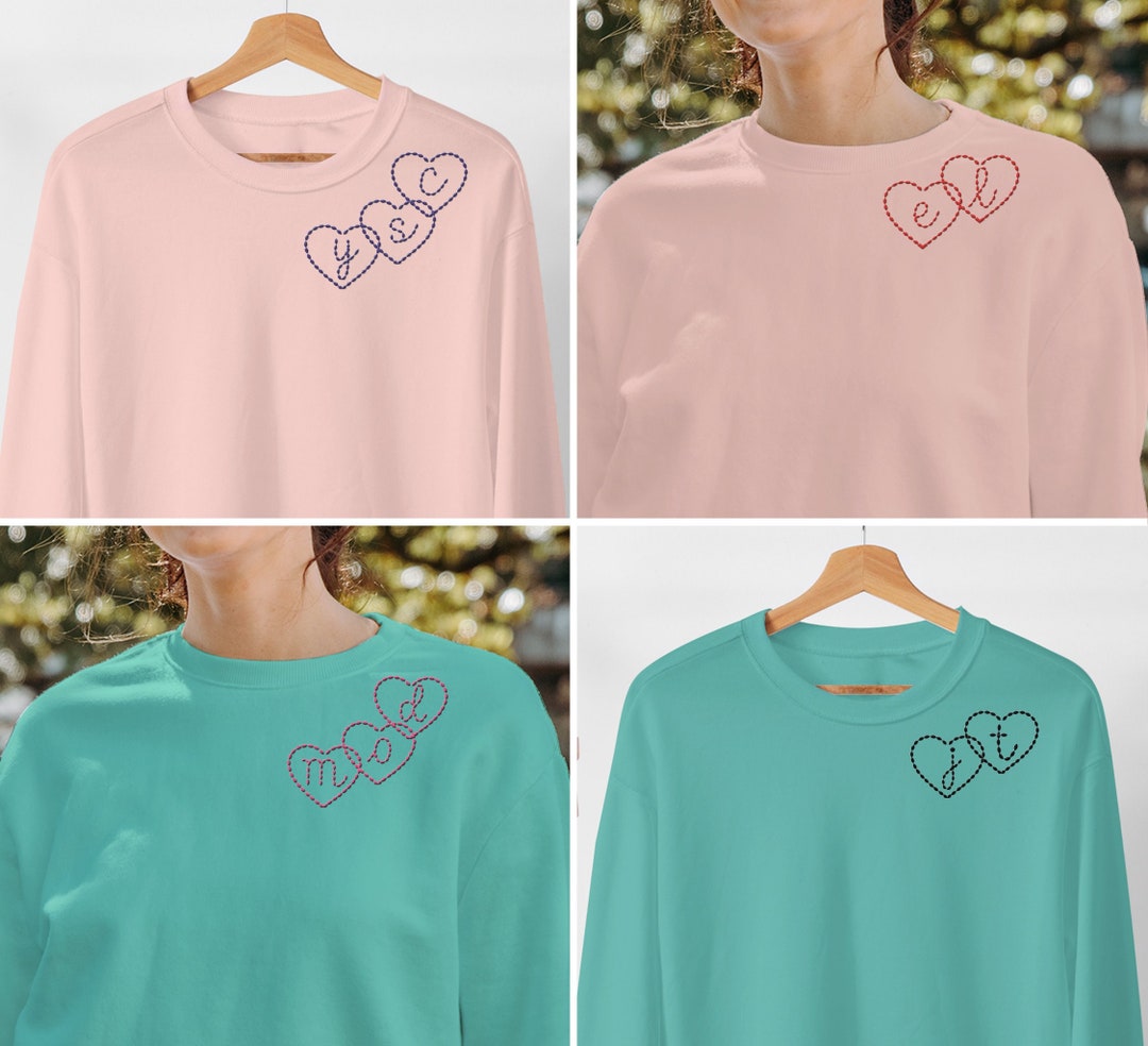 Custom Embroidered Initial Sweatshirt, Couples Hearts Initials Crewneck ...