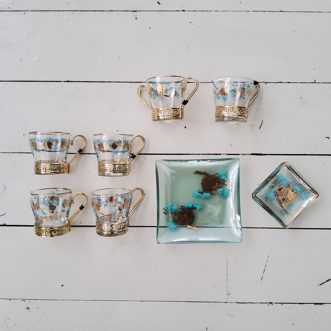 Vintage Libbey David Douglas Turquoise Gold Pinecone Mugs, Cream/sugar ...