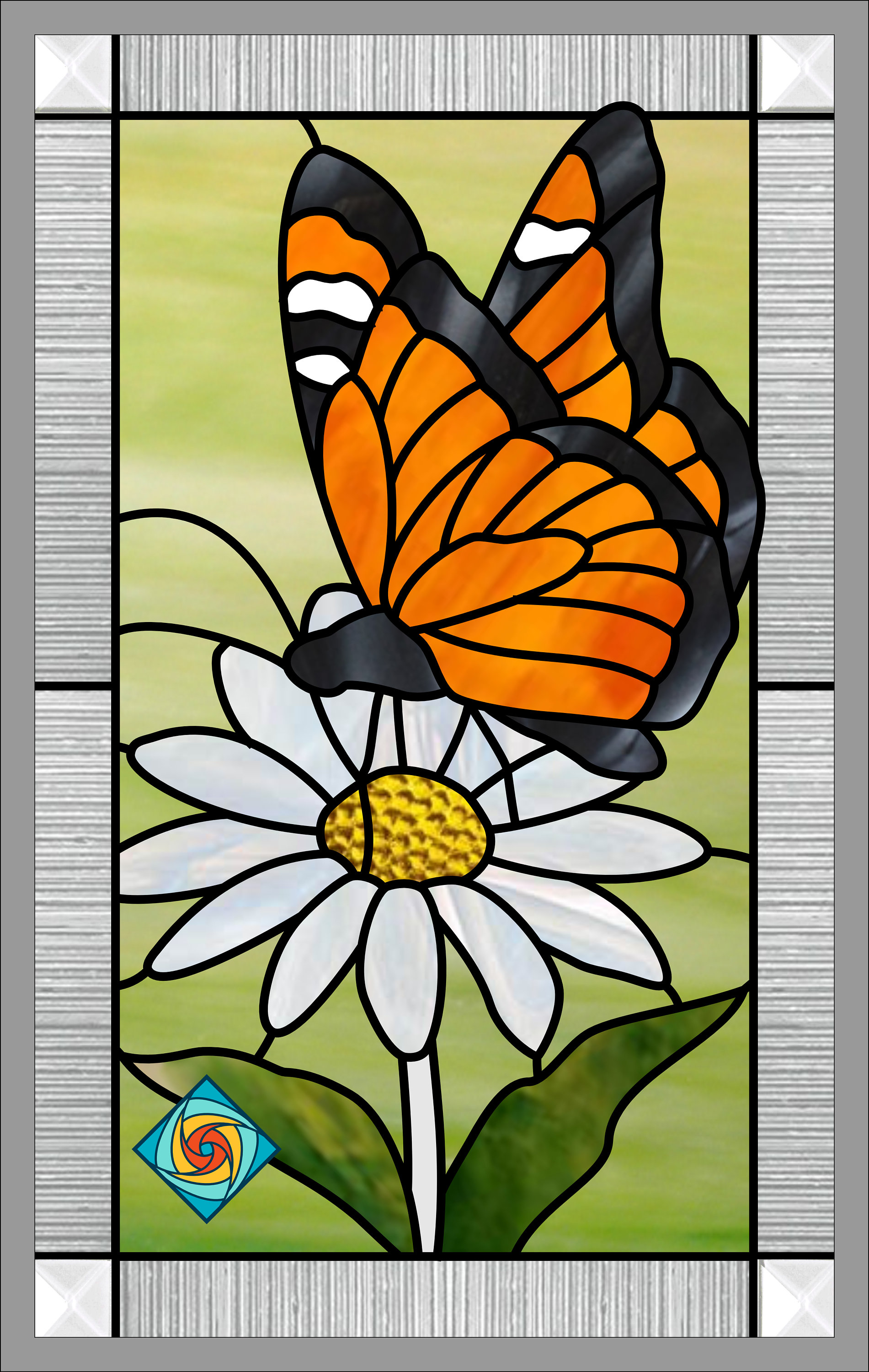 Stained Glass Pattern of a Butterfly on a Daisy Flower Digital PDF File ...