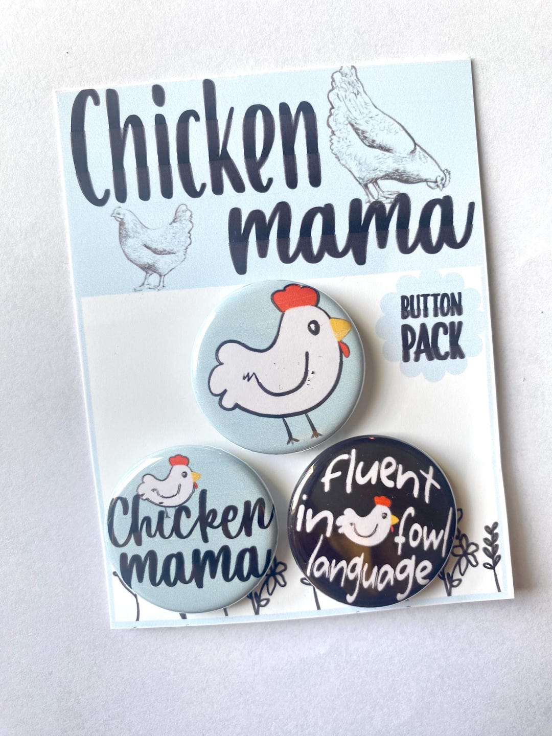 Chicken Mama Button Set. 1.25 Inch Round Set of 3, Cute Chicken Pin ...