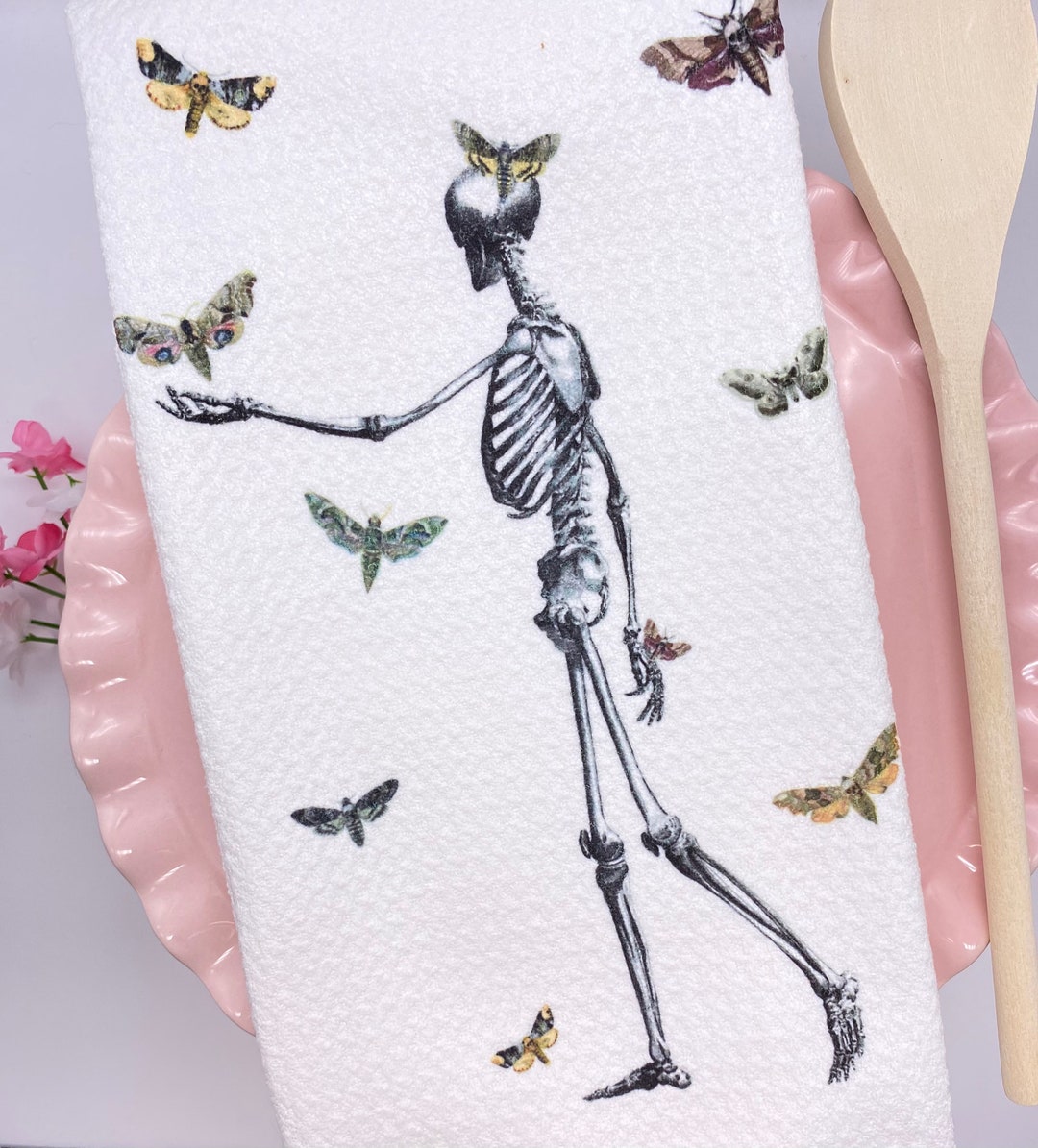 Skeleton Moth Kitchen Towel. Skeleton Kitchen Decor. Kitchen Tea Towel ...