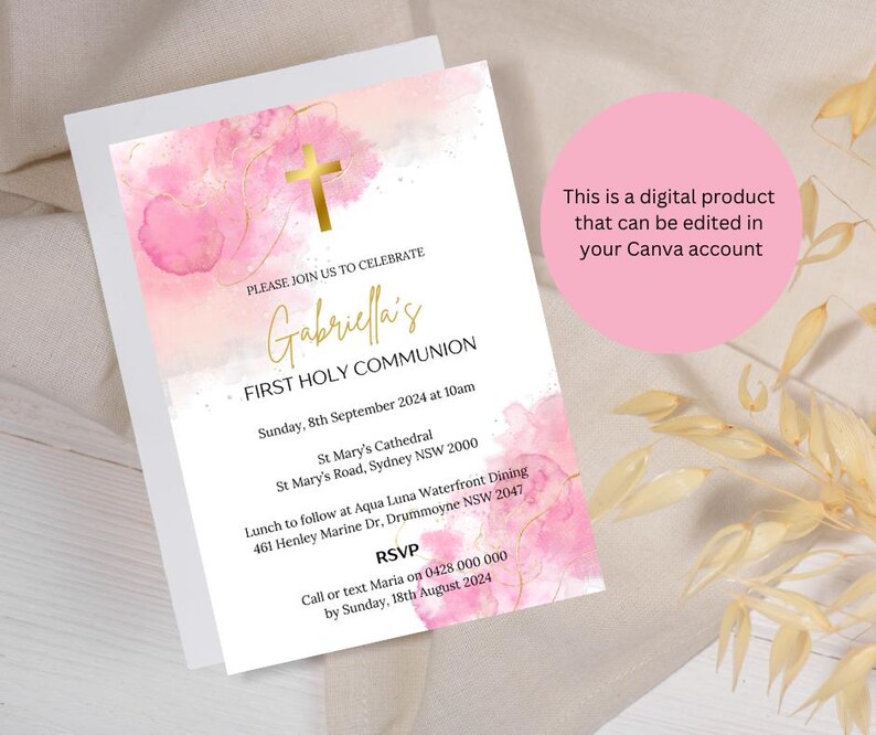 First Holy Communion Invitation, Pink Communion Invitation Template ...