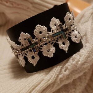 Black Leather and Lace Crosses Cuff Bracelet - Etsy