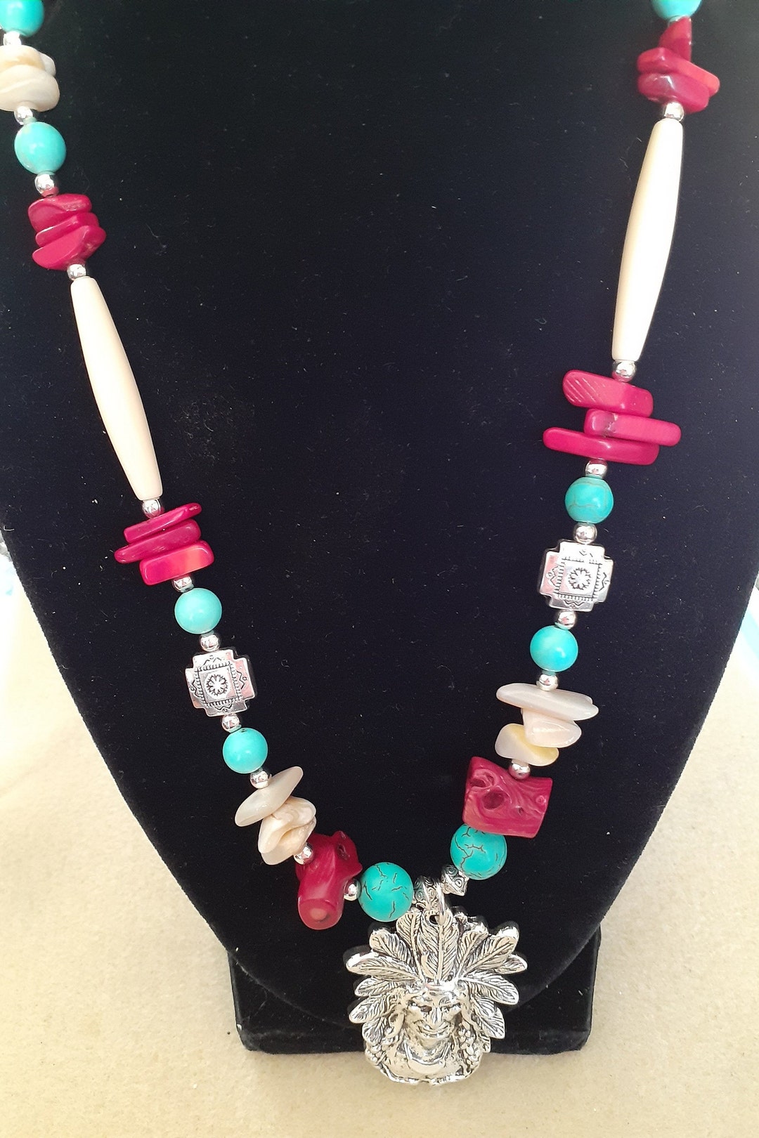 Turquoise Indian Chief Pendant Necklace: Coral, Bone & Shell Jewelry - Etsy