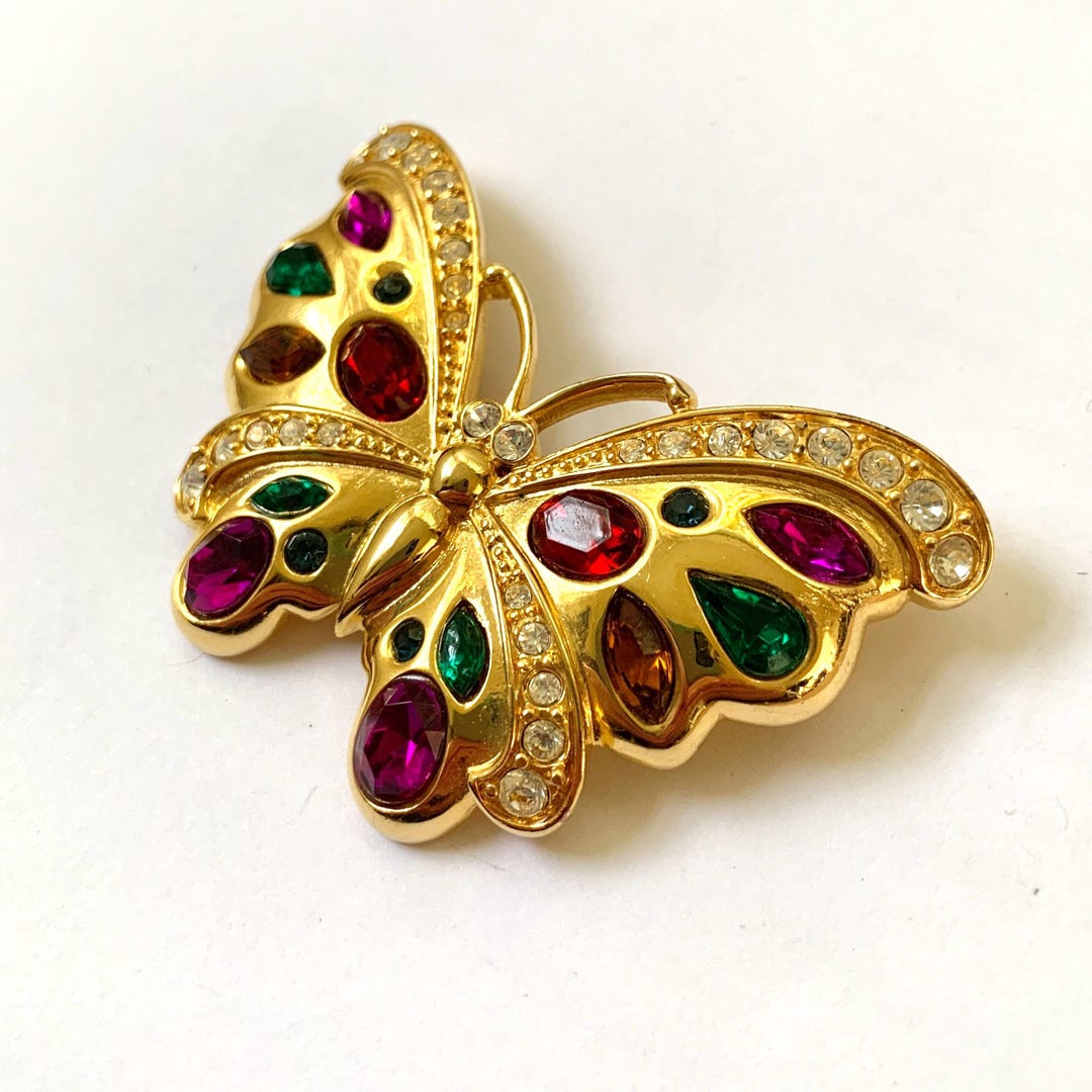 Vintage Alana Stewart Golden Butterfly Brooch Pin With Colorful Faux ...
