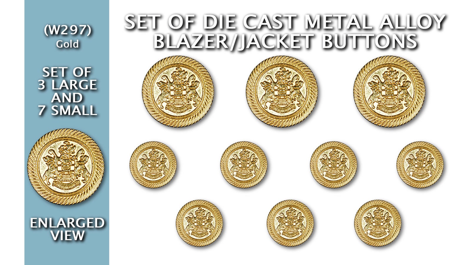 Set of Die Cast Metal Blazer Buttons (W297) Set (in 3L/7S or 4L/8S ...