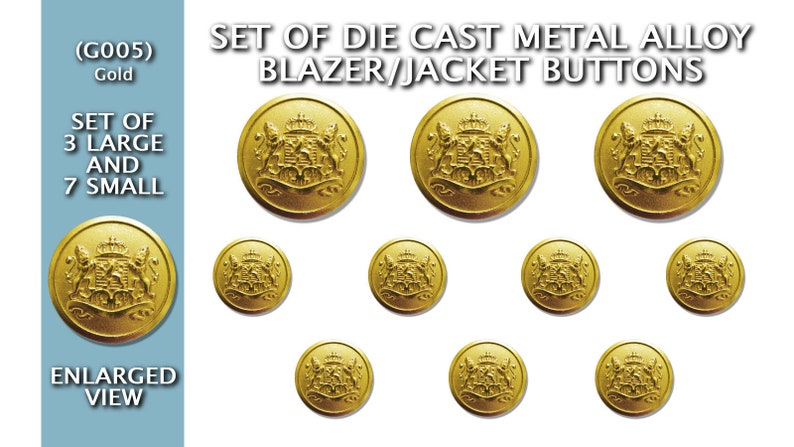 Set of Die Cast Metal Blazer Buttons G005 (gold Colour) Set (in 3L/7S ...