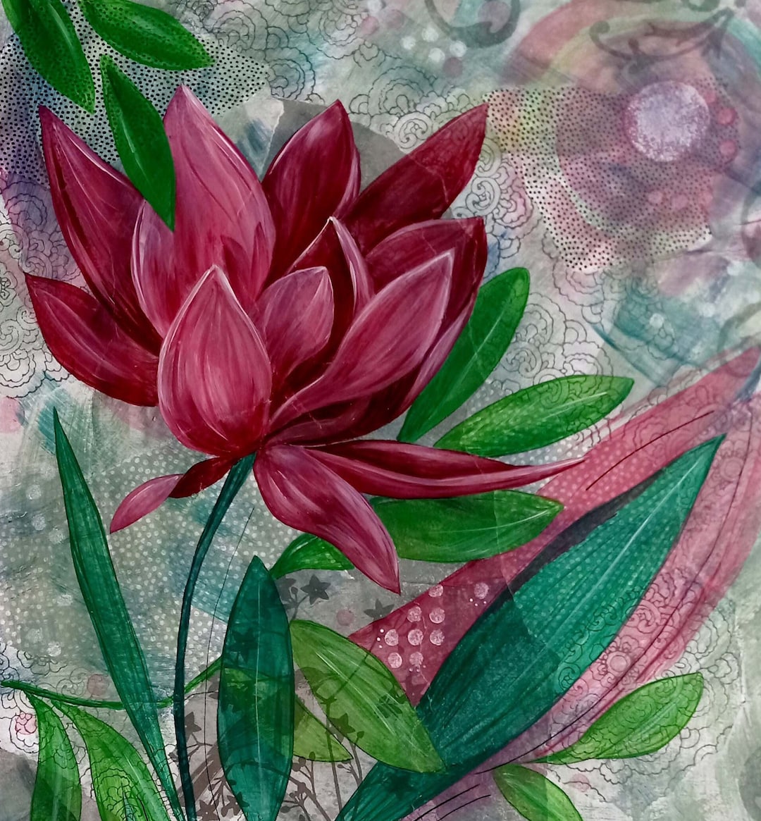 Lotus Flower Painting Original, Lotus Moonlight Mixed Media Art, Lotus ...