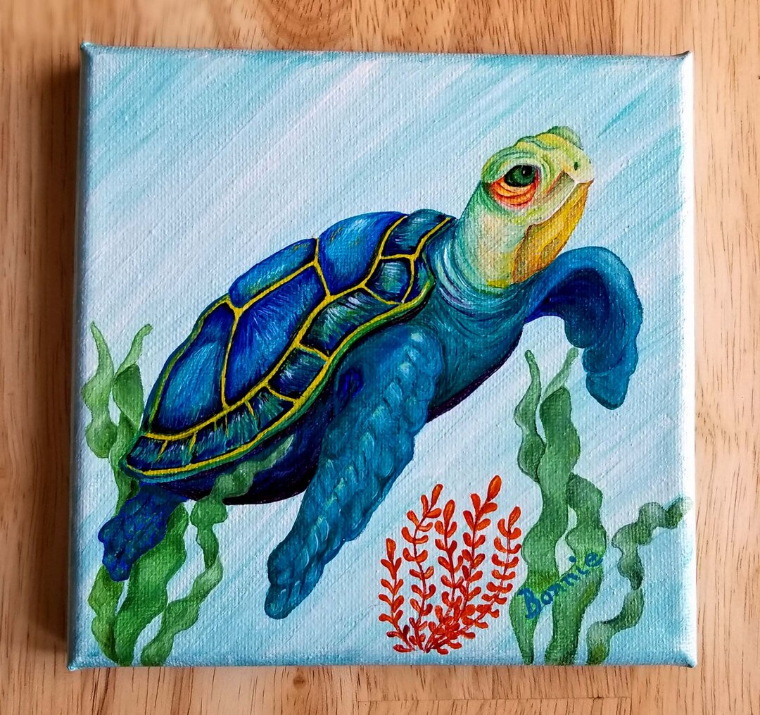 Sea Turtle Acrylic Painting: Nautical Beach House Decor With Wood Easel ...