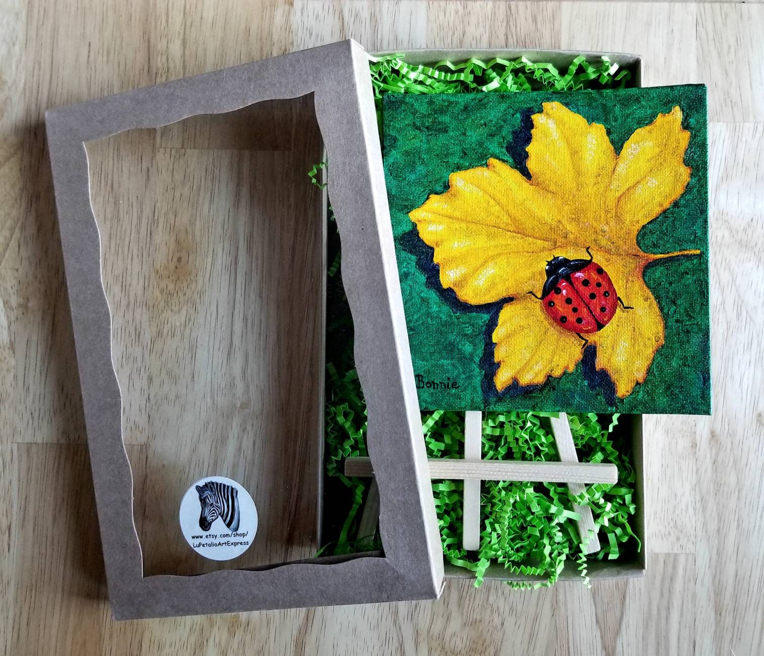 Maple Leaf Ladybug Mini Canvas Painting, Red Ladybug Art, Golden Yellow ...