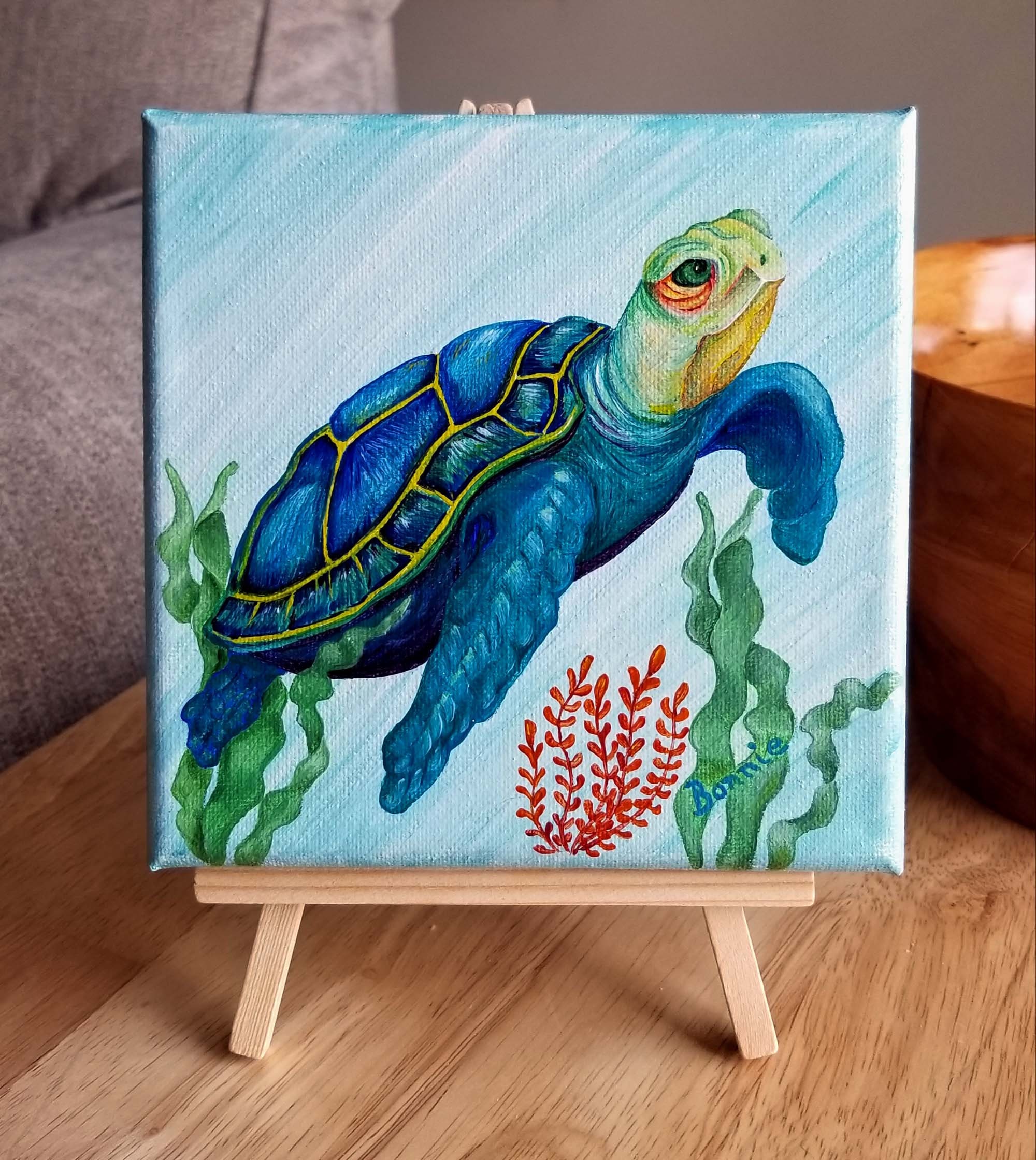 Sea Turtle Acrylic Painting: Nautical Beach House Decor With Wood Easel ...