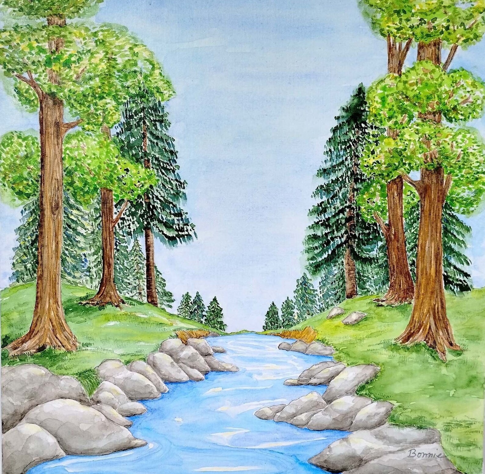 Moutain Valley Stream Original Watercolor, Summer Valley Stream ...
