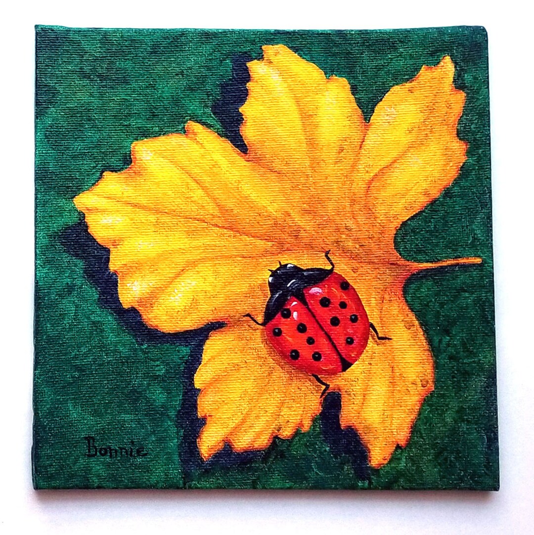 Maple Leaf Ladybug Mini Canvas Painting: Autumn Desk Art on Wood Easel ...