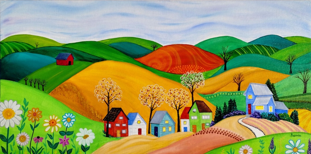 Rolling Hills Folk Art Acrylic Painting Framed: Naive Countryside ...