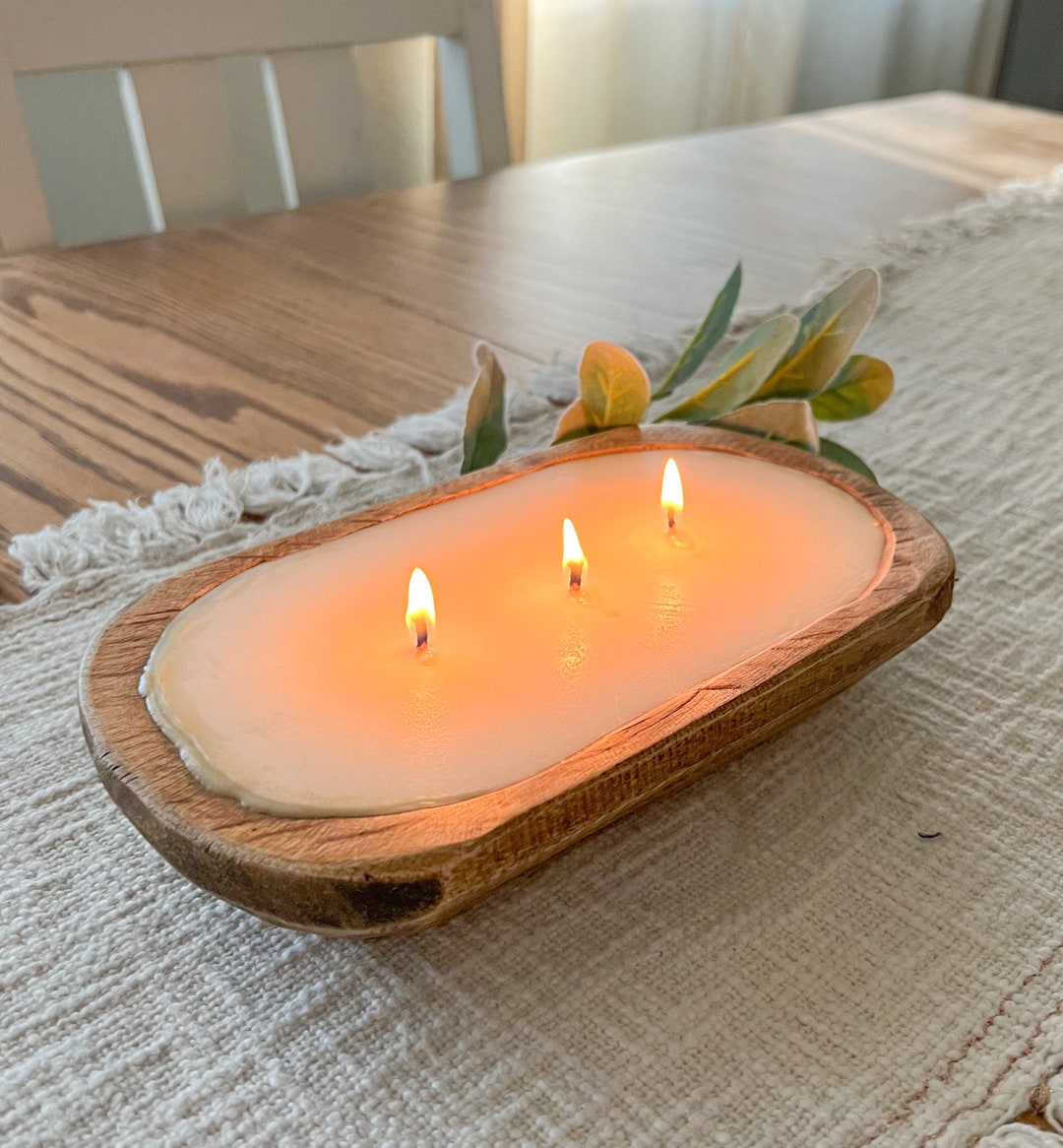 DOUGH BOWL CANDLE, Rustic Dough Bowl Candle, All Natural Soy Candle, 3-wick Candle, Wooden Bowl ...