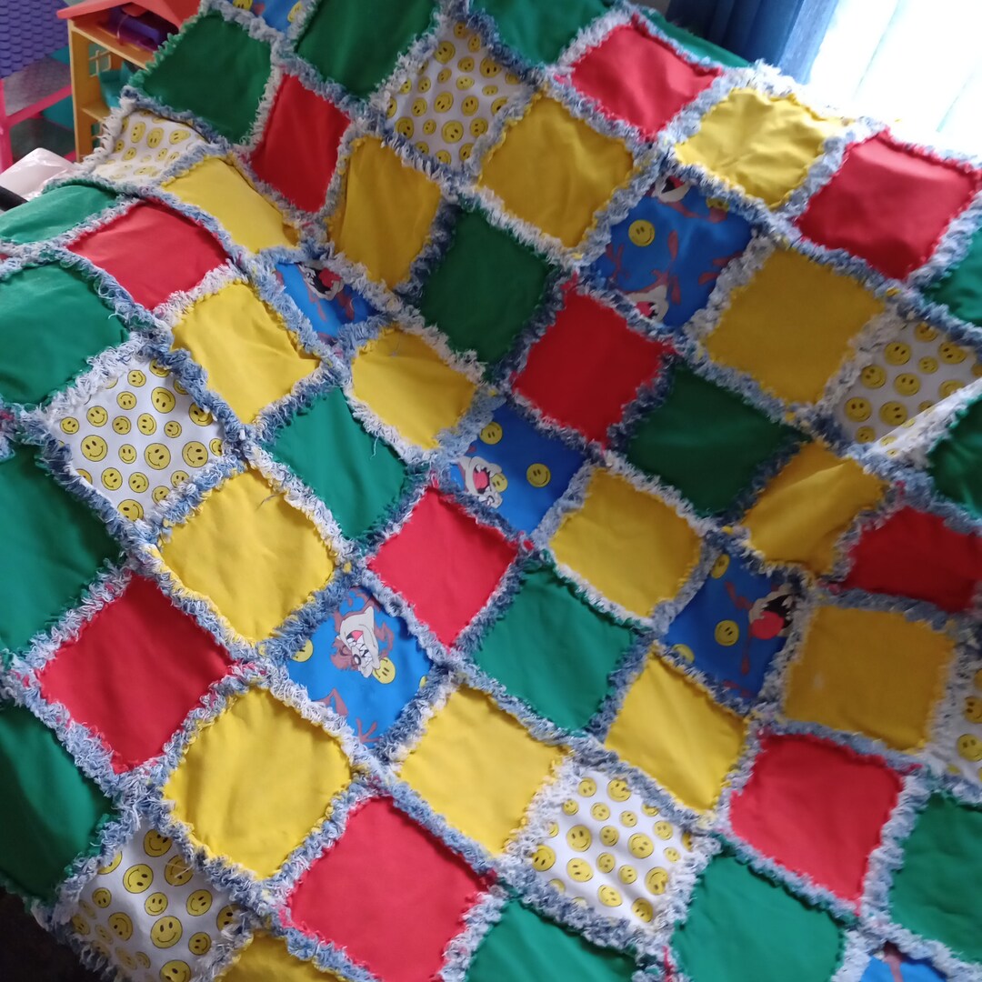 Vintage 52×52 Tasmanian Devil, Smiley Face and Denim Quilt - Etsy