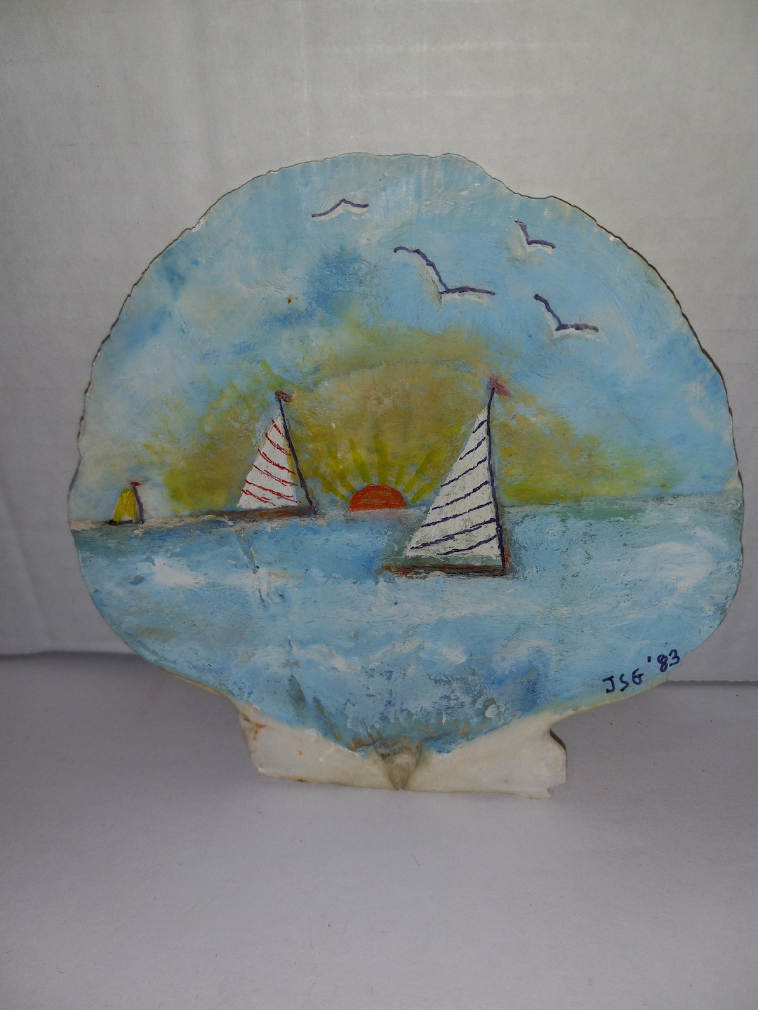 Vintage Sail Boats Sailing the Ocean at Sundown Painted on a Scallop ...