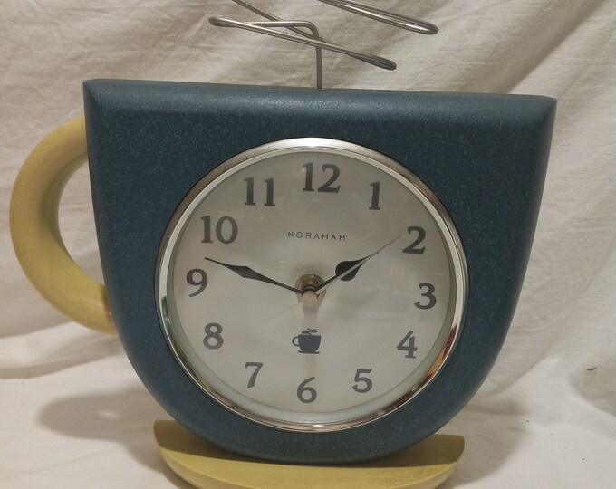 Vintage Ingraham Clock Blue and Cream Coffee Cup and Saucer Clock With ...
