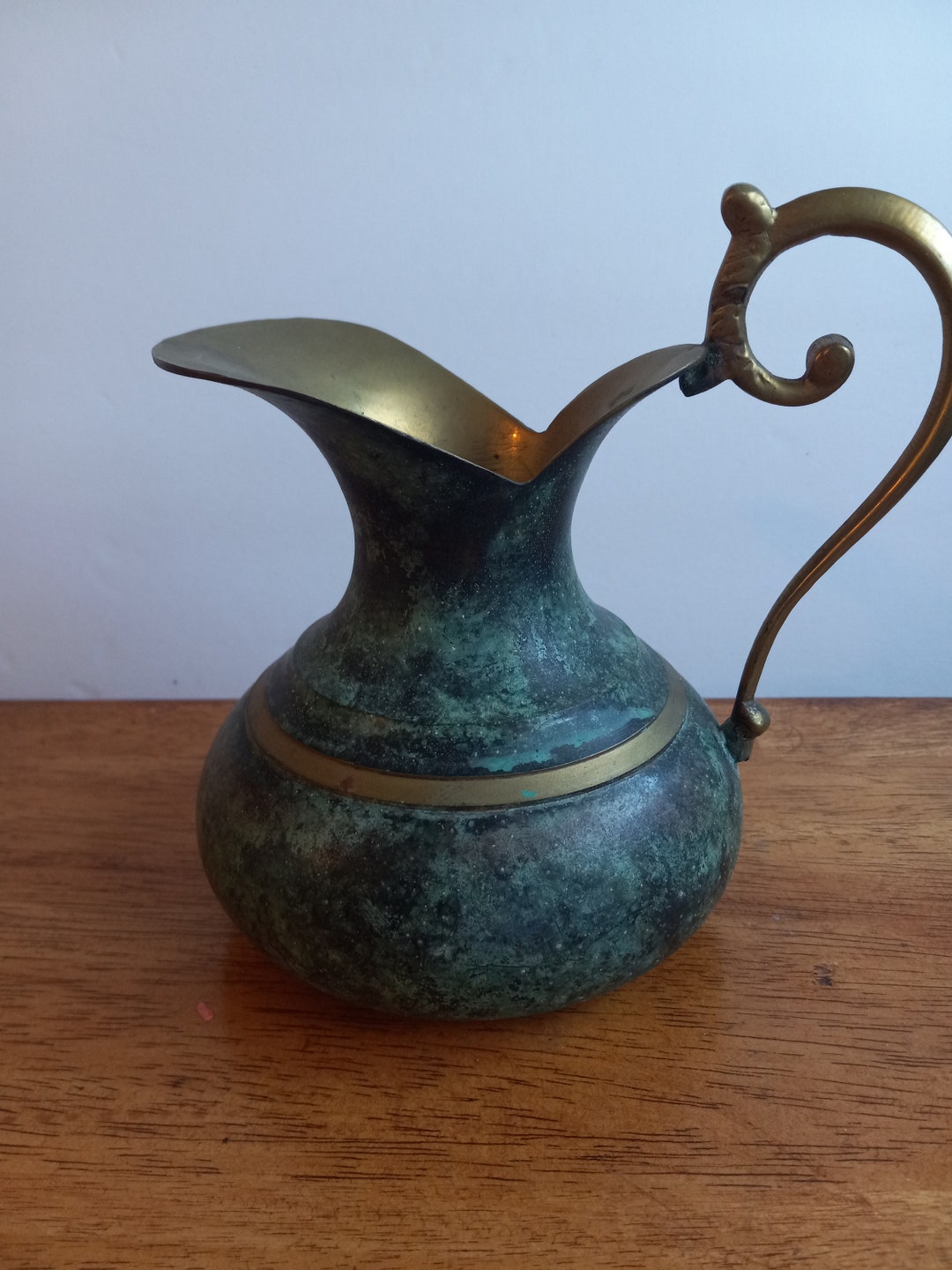 Vintage Brass Pitcher Green Marbled Fancy Handle - Etsy