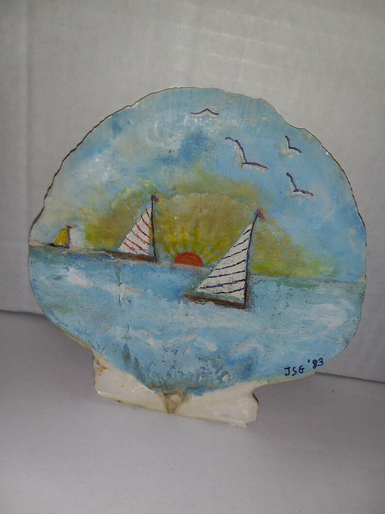 Vintage Sail Boats Sailing the Ocean at Sundown Painted on a Scallop ...