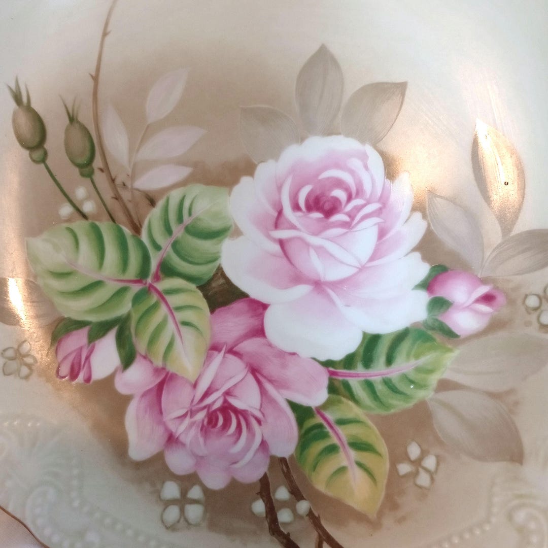 1987 Lefton Hand-painted Cake Plate: Pink Roses, Gold Trim - Etsy