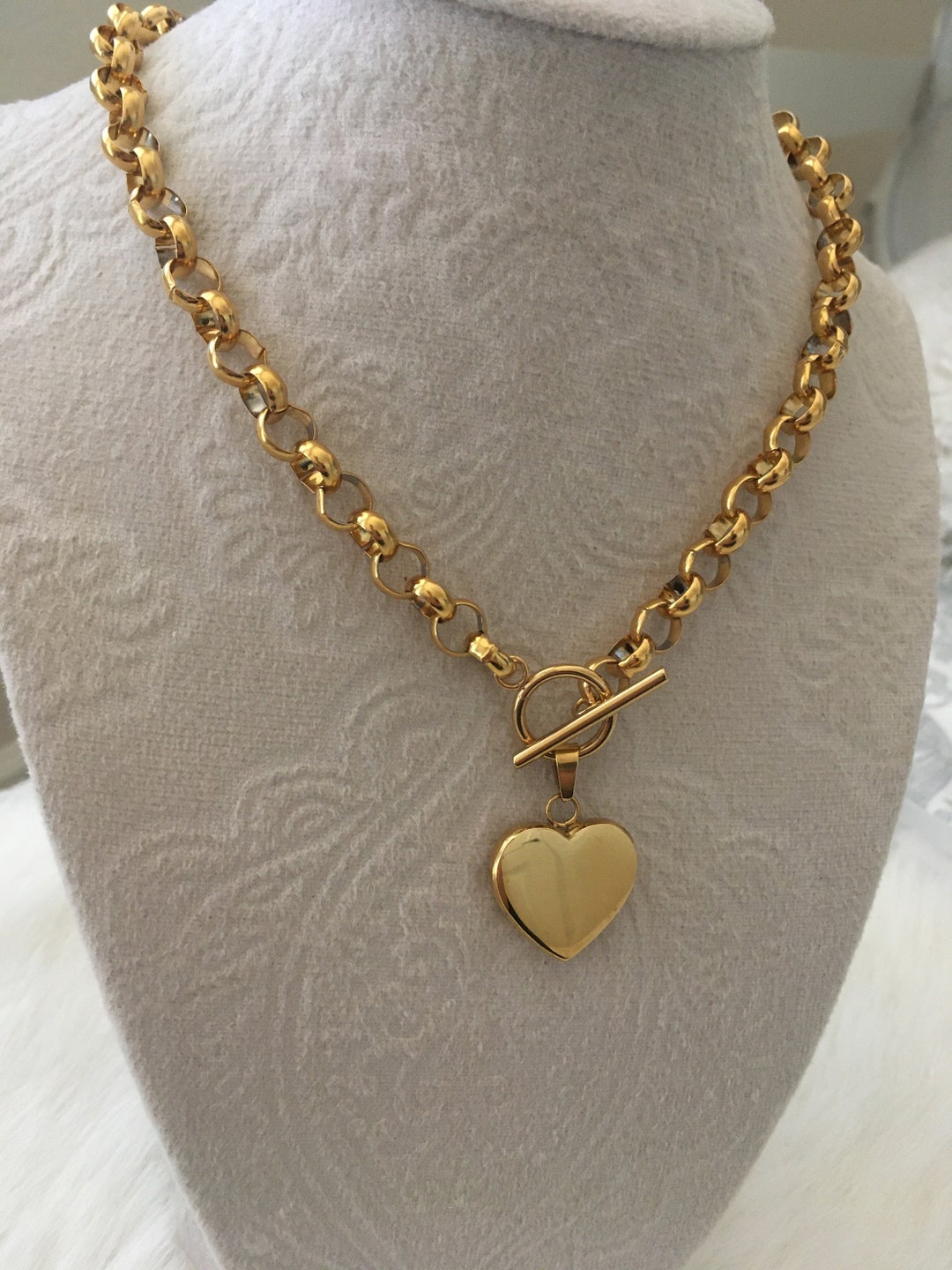 Chunky Gold Heart Toggle Necklace, All Gold Stainless Steel, Elegant ...